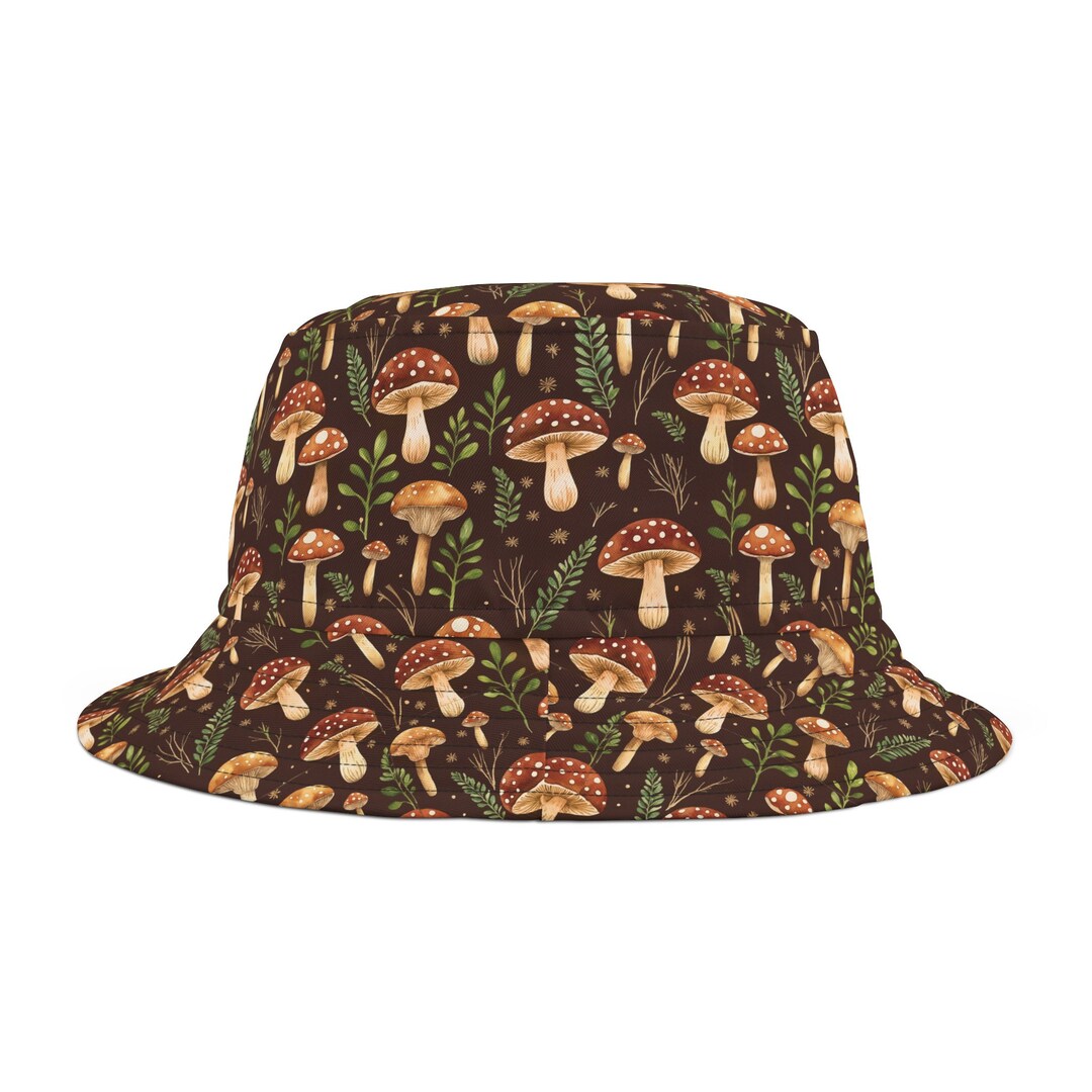 Mushroom Fall Bucket Hat, Cottagecore Mushroom Bucket Hat, Dark Brown ...