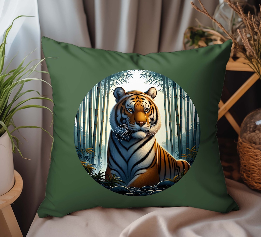 Tiger Pillow With Bamboo Forest Design - Unique Tiger Home Decor - Etsy