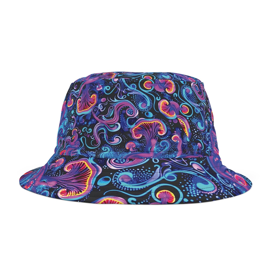 Rave Bucket Hat | Psychedelic Neon Blacklight Mushroom Design | Fine ...