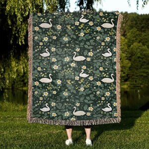 Forest Lily Woven Blanket With Swans - Green Forest Leaf Pattern ...