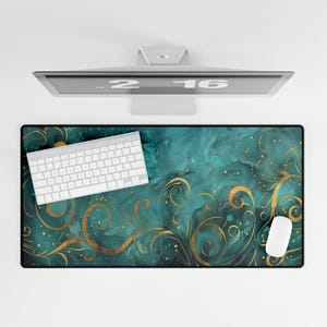 Teal and Gold Marble Deskmat, Desk Mat in 3 Sizes, Light Academia Desk ...