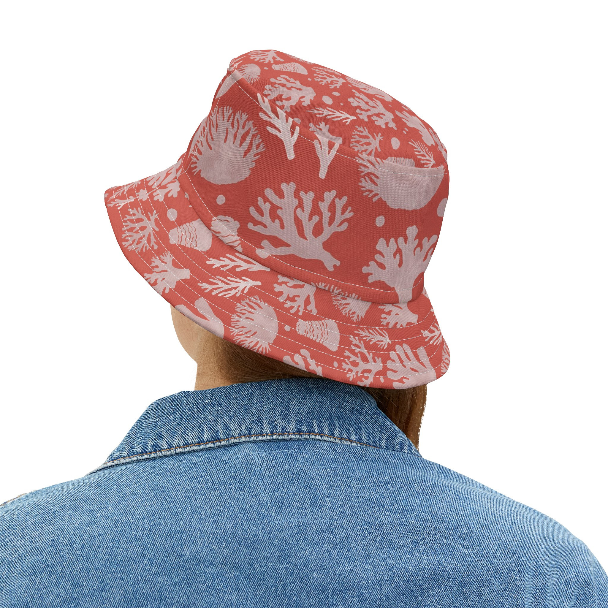 Coral Pattern Bucket Hat, Coral With White Corals Pattern Bucket Hat ...