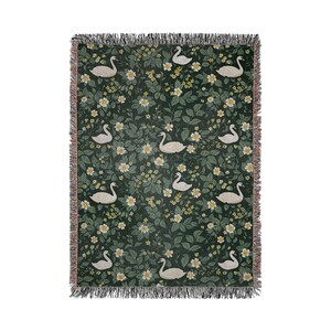 Forest Lily Woven Blanket With Swans - Green Forest Leaf Pattern ...