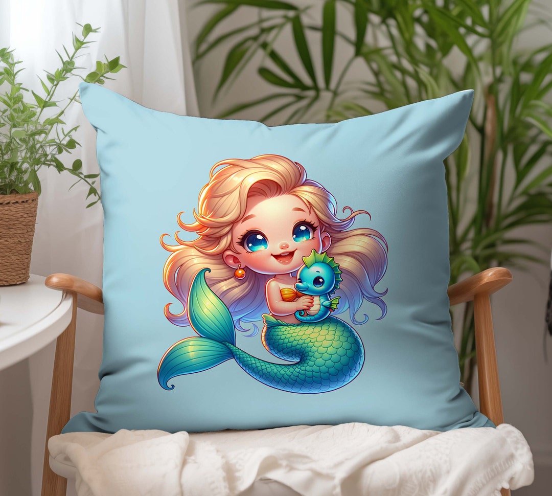 Cute Baby Mermaid Holding Baby Seahorse Pillow for Nursery Decor, Baby ...