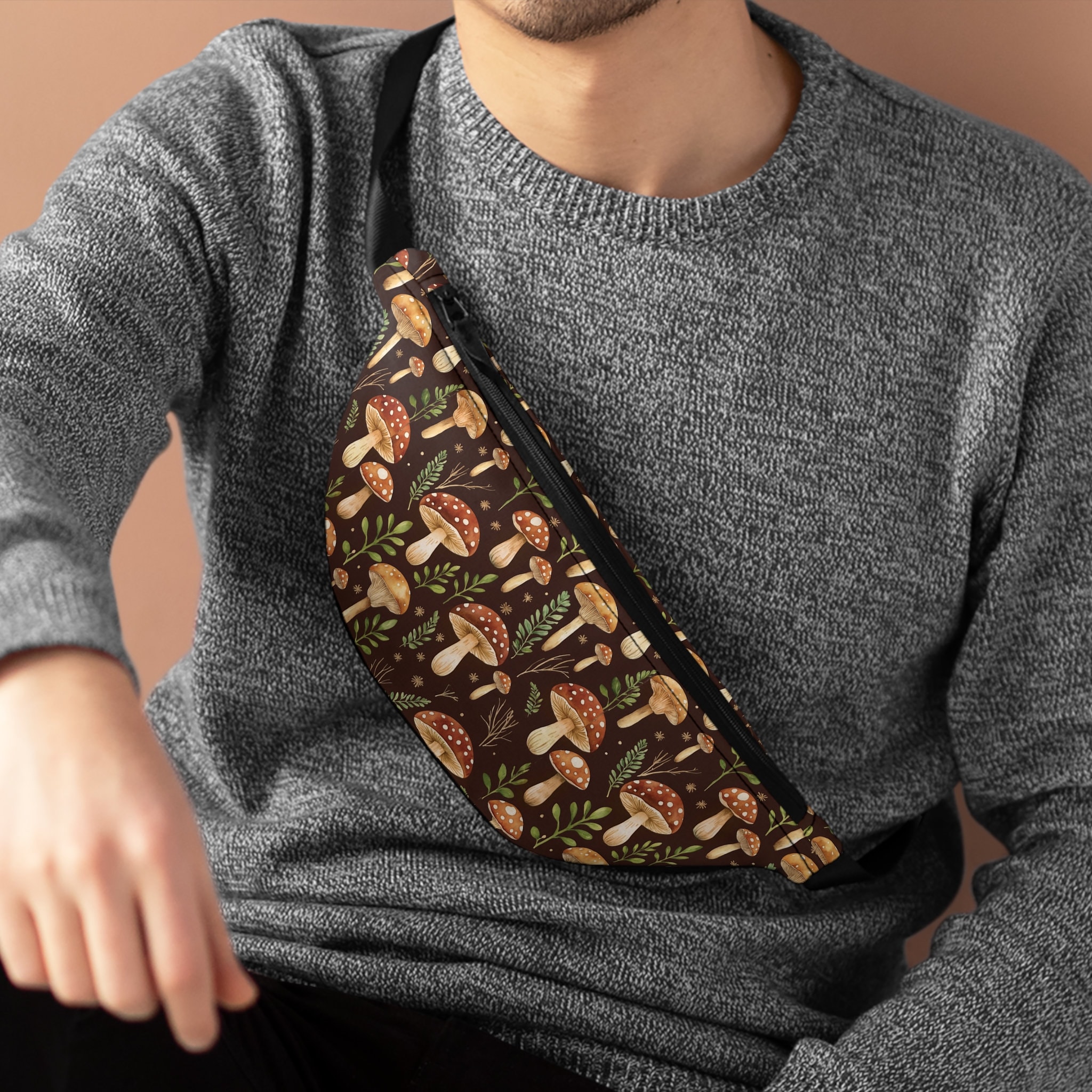 Cottagecore Mushroom Pattern Fanny Pack, Brown Mushroom Belt Bag, Red ...