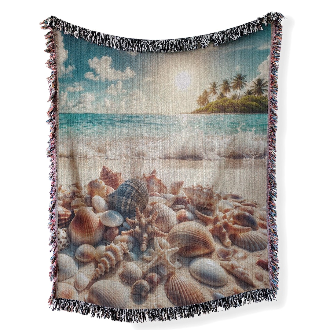 Beach Shells Woven Blanket, 100% Cotton, Fringed Edges, Shells Tapestry ...
