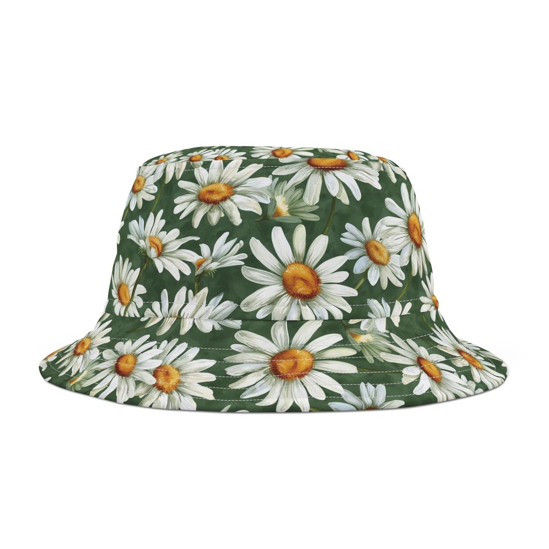 Daisy Bucket Hat, Green With White Daisies Pattern Bucket Hat, Durable ...