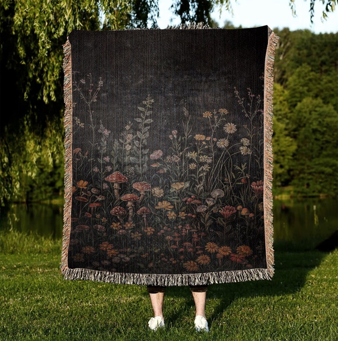 Dark Cottagecore Woven Blanket: Mushroom Meadow Cotton Throw - Etsy