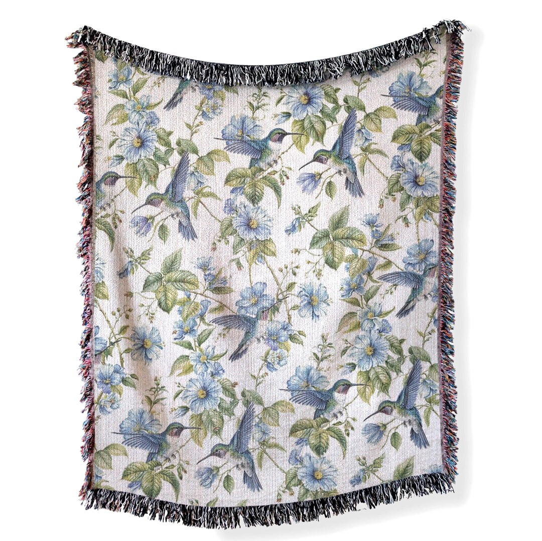 Blue Hummingbird Cotton Woven Blanket: Fringed Home Decor - Etsy