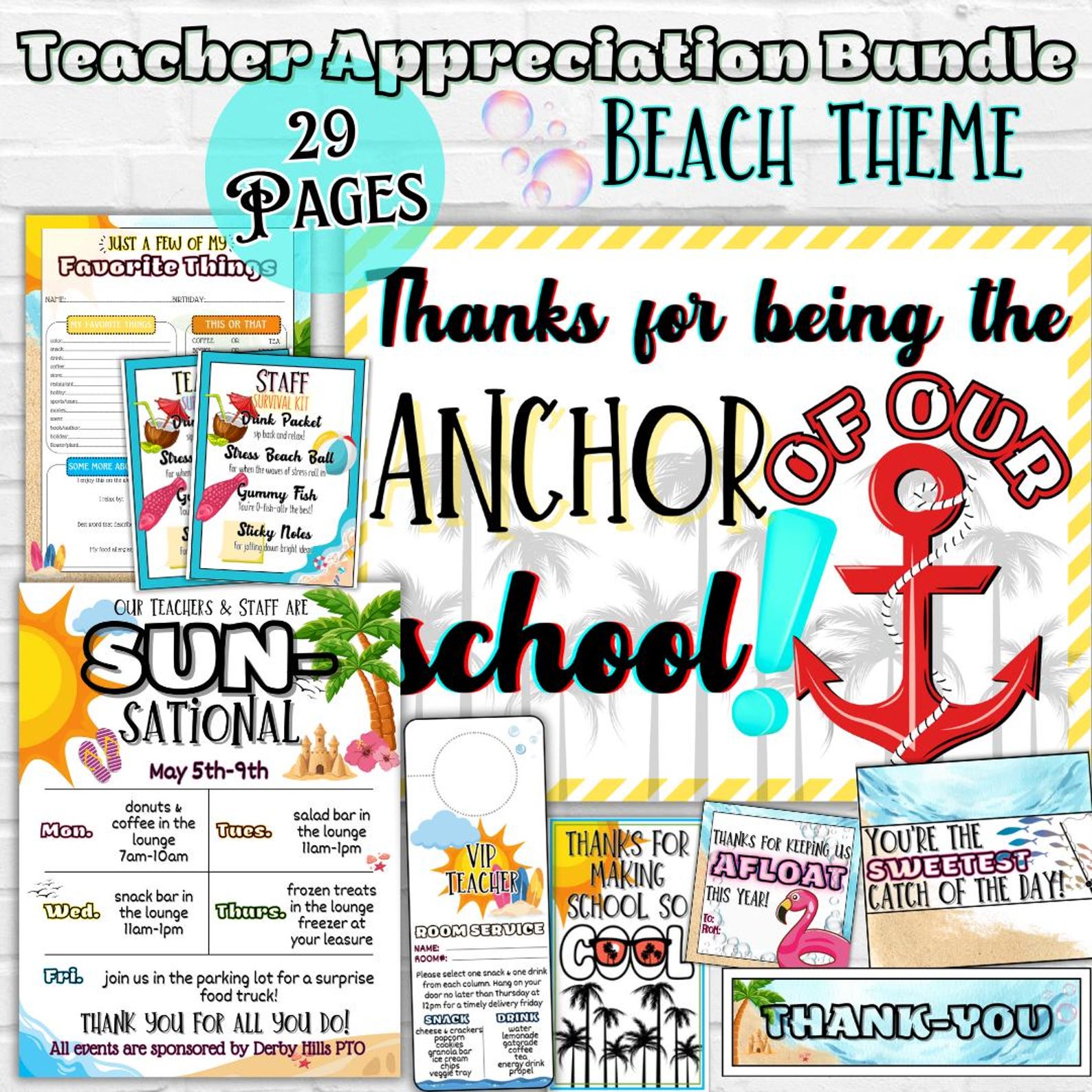 Printable Beach Theme Teacher Appreciation Week Bundle Canva Template ...