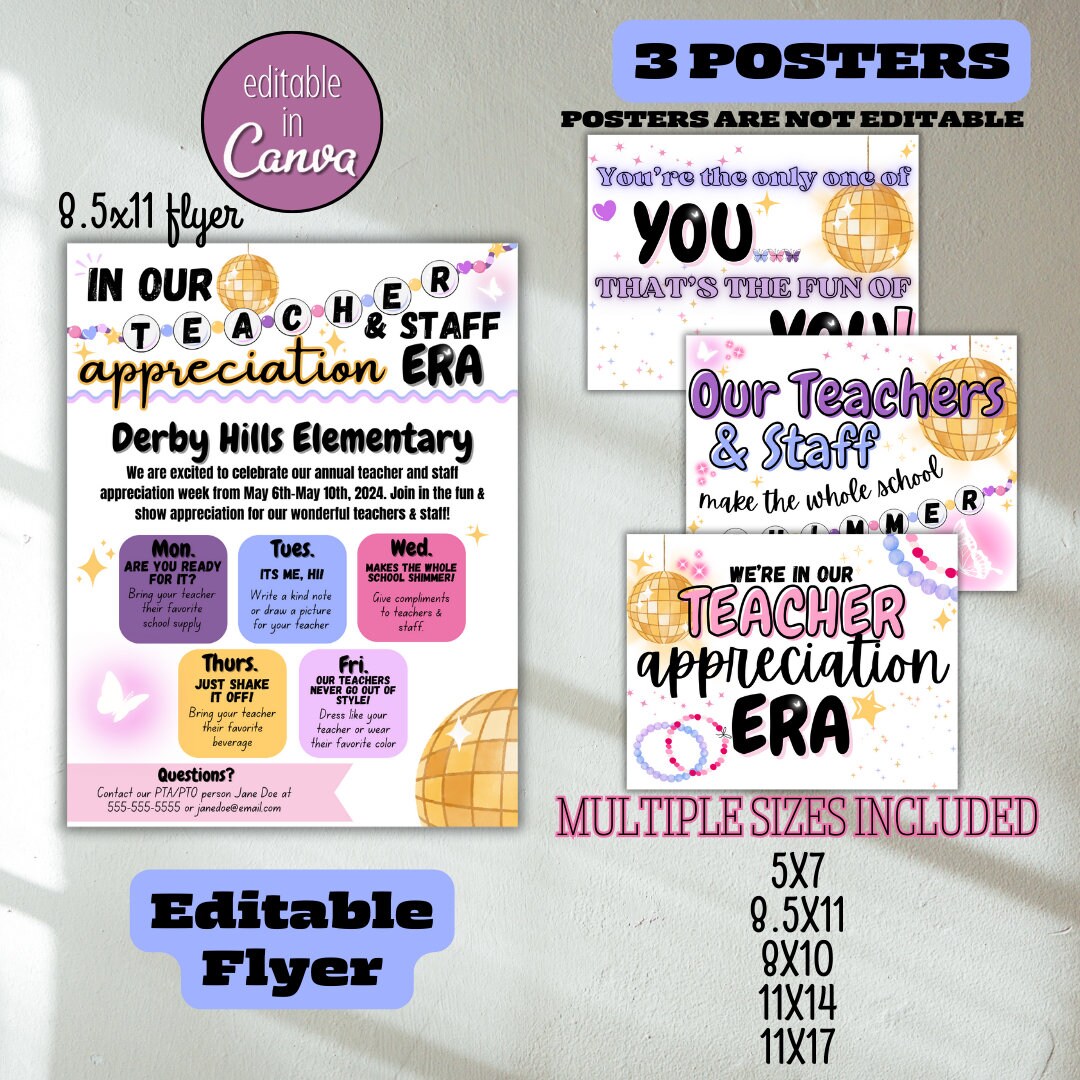 Teacher Staff Appreciation Week Theme Flyer Posters Eras Theme Bundle ...