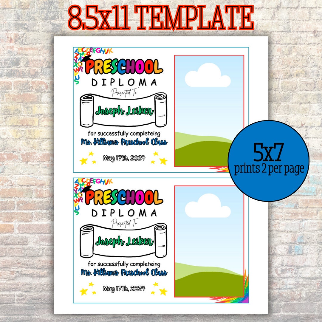 Editable Preschool or Kindergarten Diploma With Photo, Personalized ...