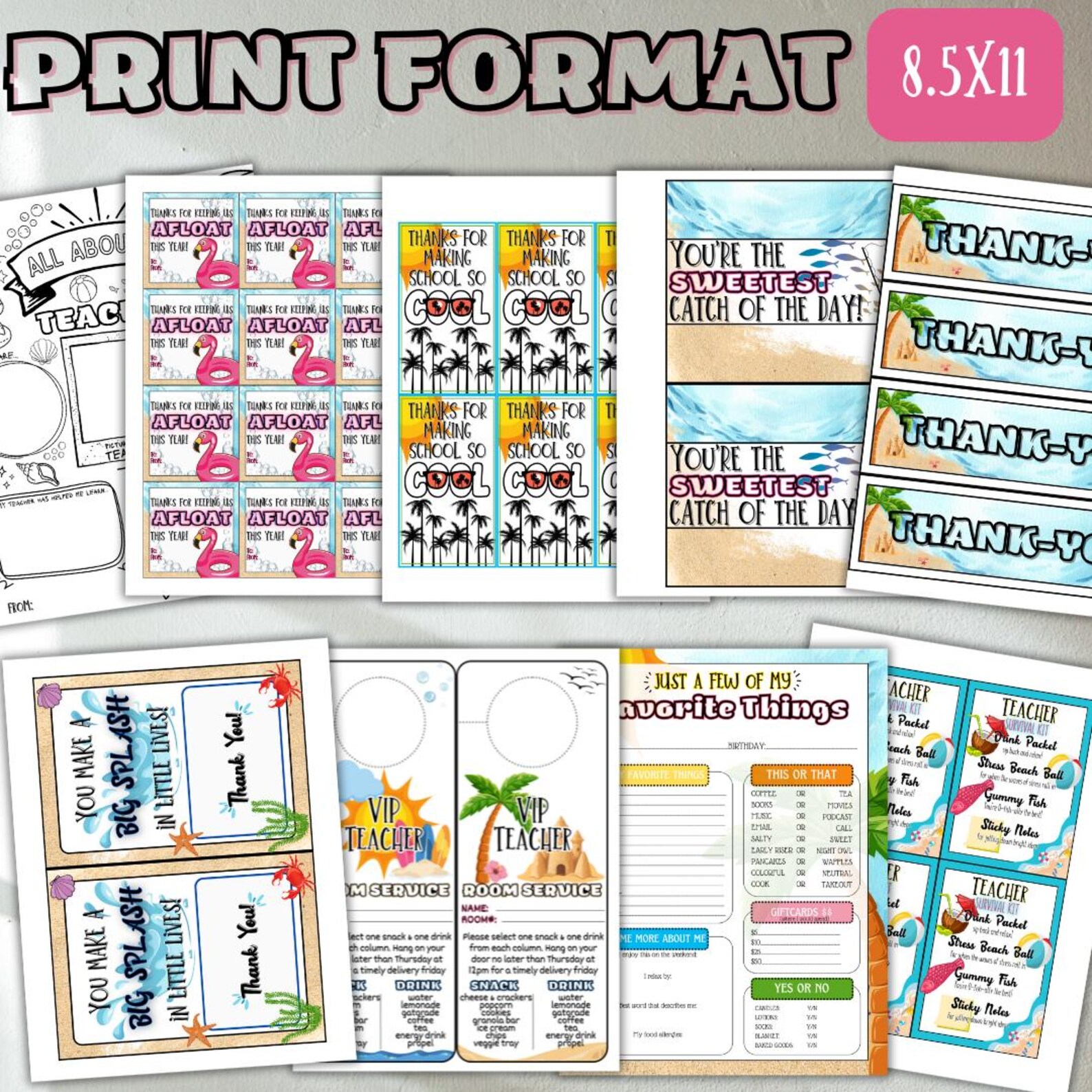 Printable Beach Theme Teacher Appreciation Week Bundle Canva Template ...