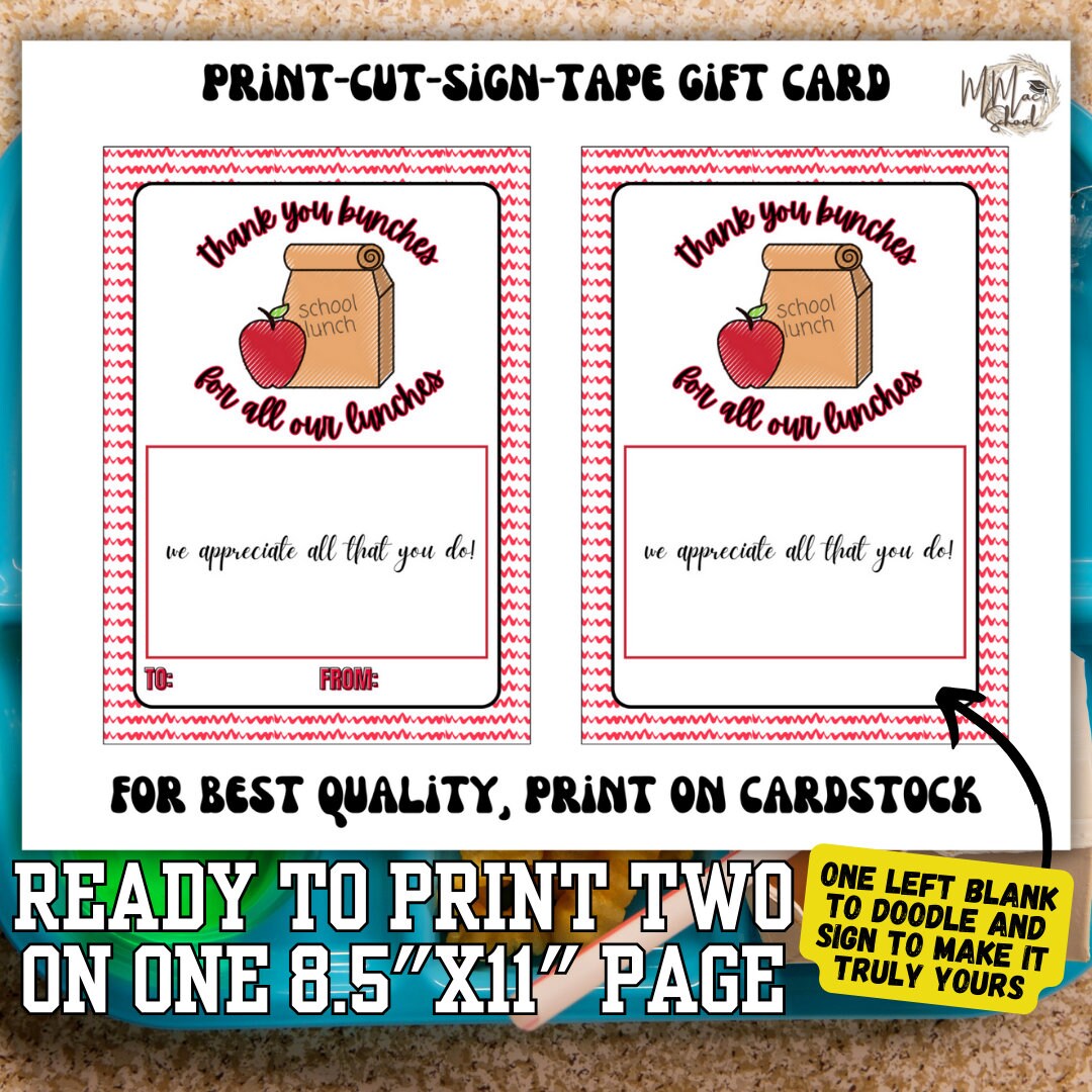 Lunch Lady Appreciation/ Cafeteria Staff Gift Card Holder/ Thank You ...