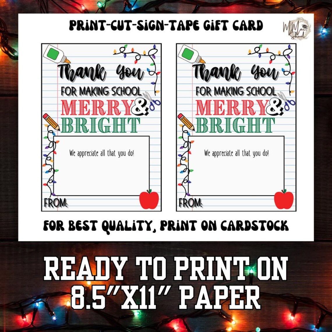 Teacher Christmas Gift Card Holder Printable Christmas Teacher Card for ...