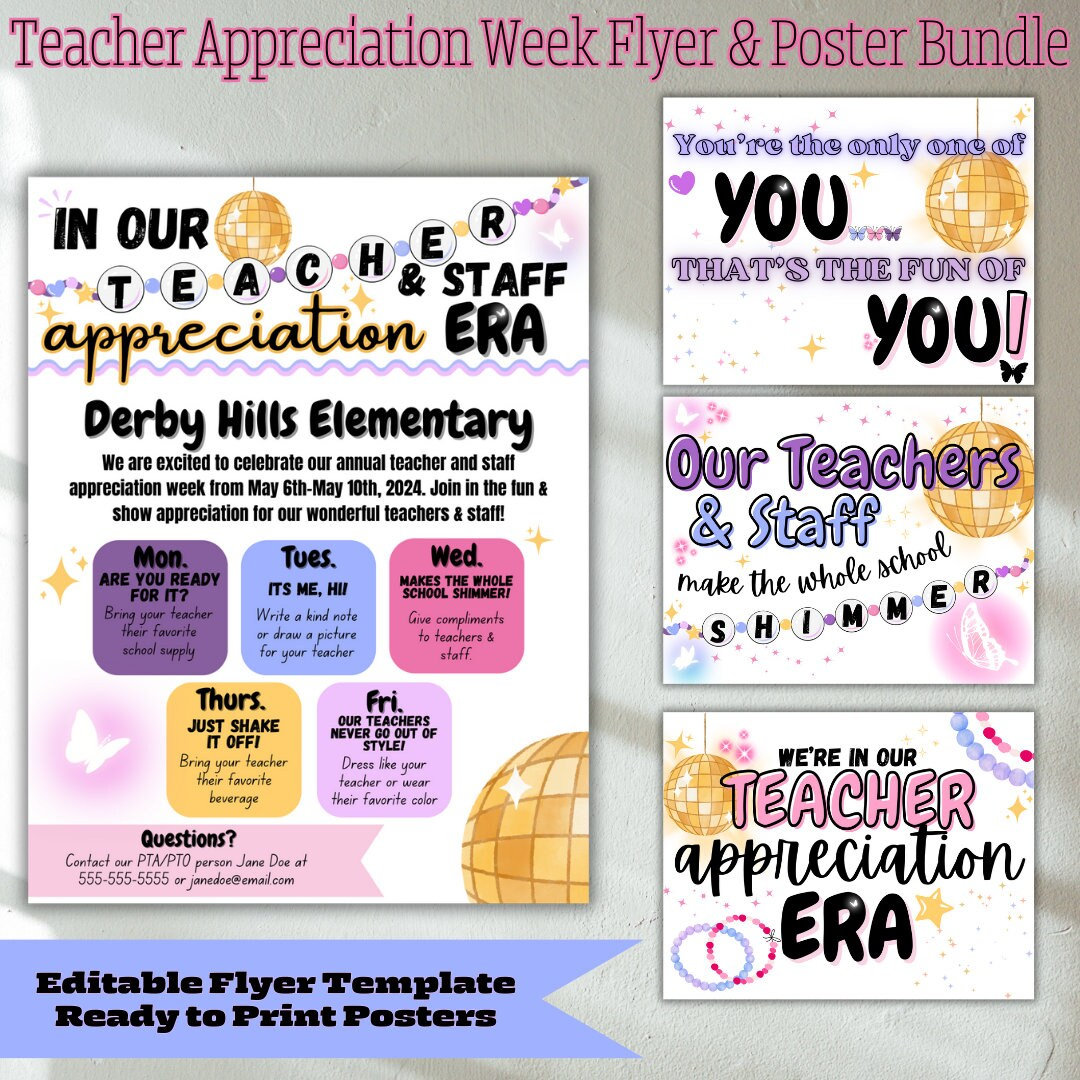 Teacher Staff Appreciation Week Theme Flyer Posters Eras Theme Bundle ...