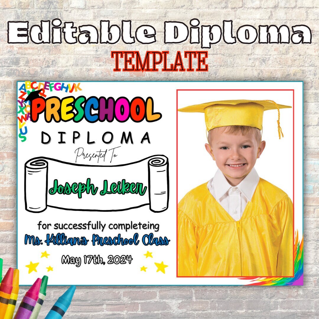 Editable Preschool or Kindergarten Diploma With Photo, Personalized ...