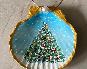 Christmas Tree Decoupage Scallop Shell Holiday Ornament - Etsy