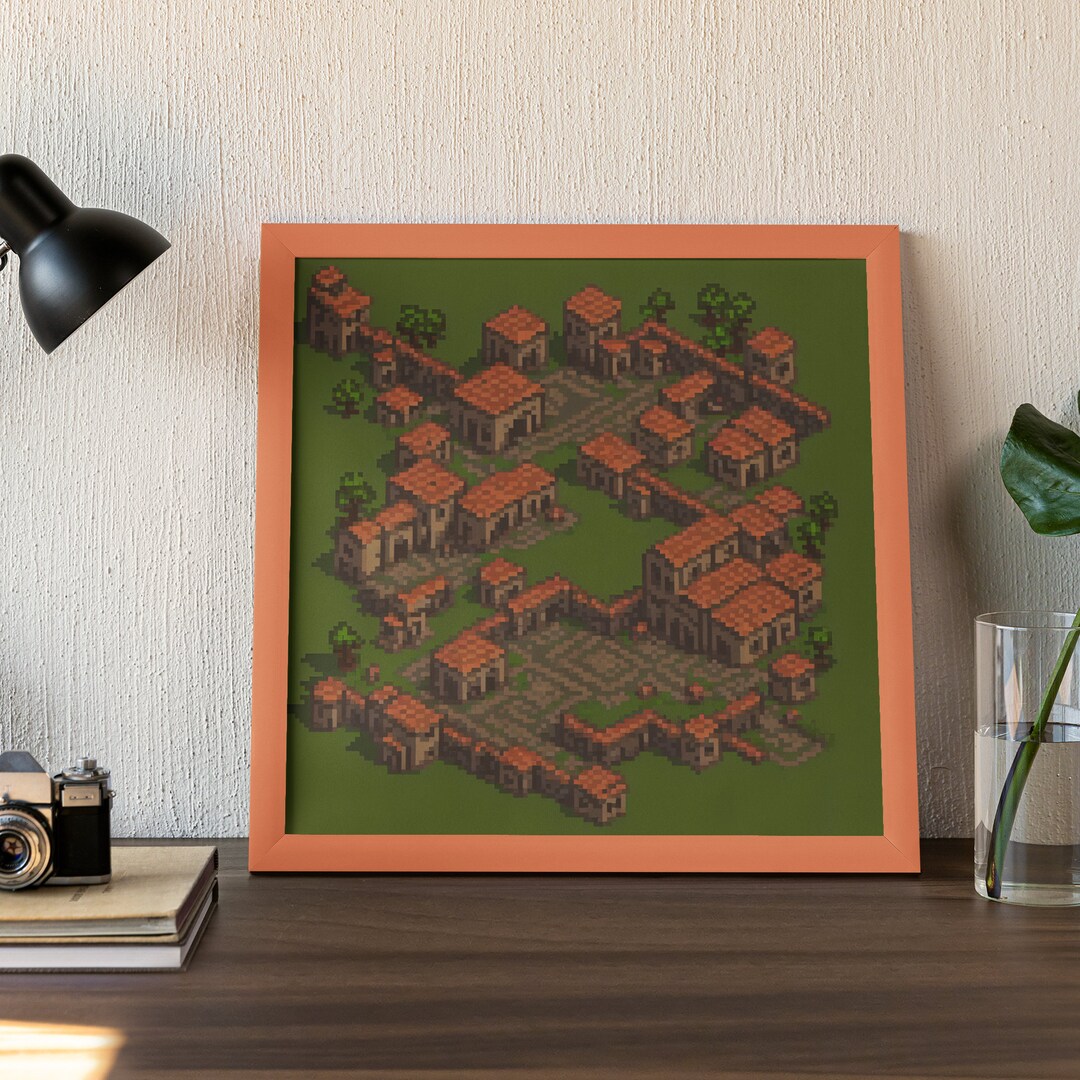 Video Game Pixel Art Rustic Village, Retro 8 Bit Wall Decor, Nostalgic ...