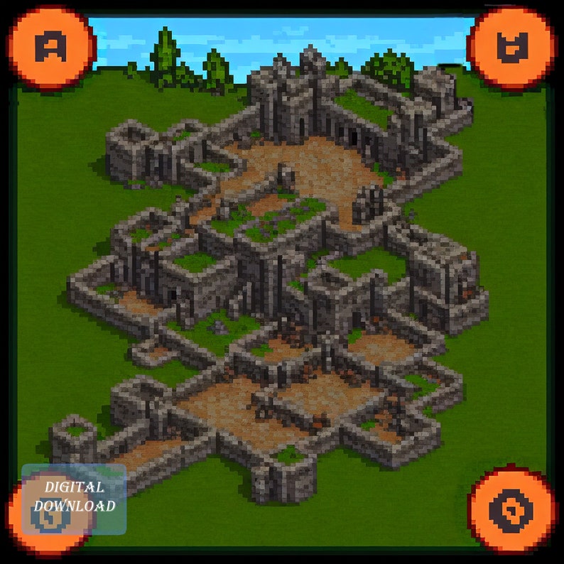 8 Bit Pixel Art Castle Ruins, Retro Video Game Wall Decor, Nostalgic ...