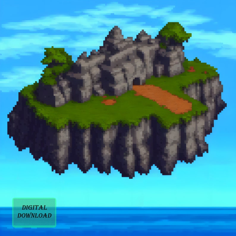 Video Game Pixel Art Floating Island, Retro 8 Bit Wall Decor, Nostalgic ...