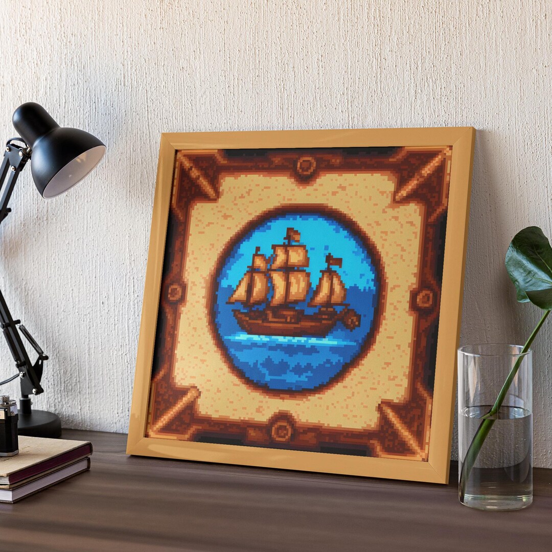 Video Game Pixel Art Pirate Ship, Retro 8 Bit Wall Decor, Nostalgic ...