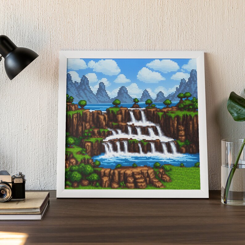 Video Game Pixel Art Big Waterfall, Retro 8 Bit Wall Decor, Nostalgic ...