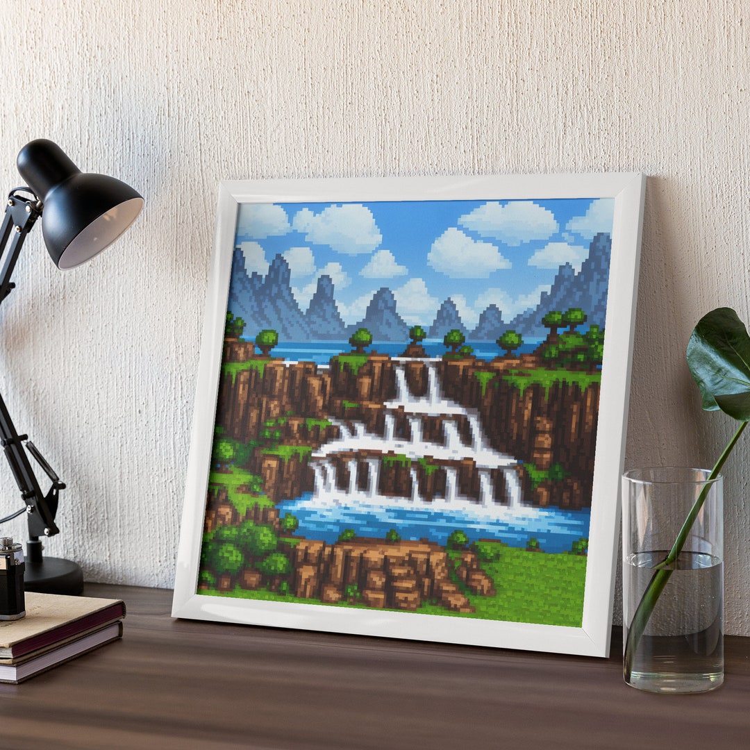 Video Game Pixel Art Big Waterfall, Retro 8 Bit Wall Decor, Nostalgic ...