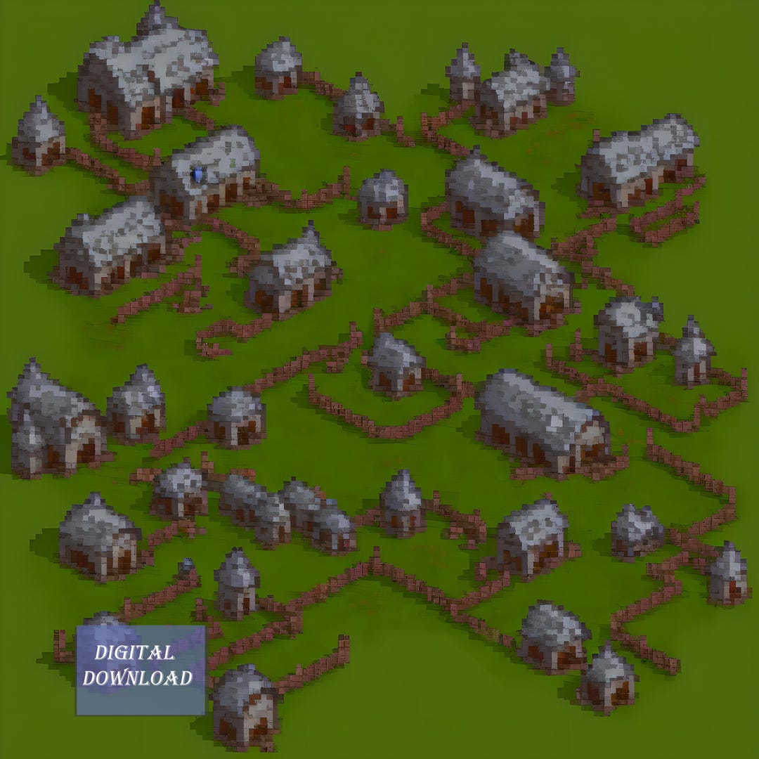 Video Game Pixel Art Walled Town, Retro 8 Bit Wall Decor, Nostalgic ...