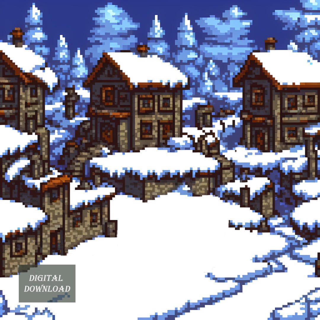 Video Game Pixel Art Snowy Cabins, Retro 8 Bit Wall Decor, Nostalgic ...