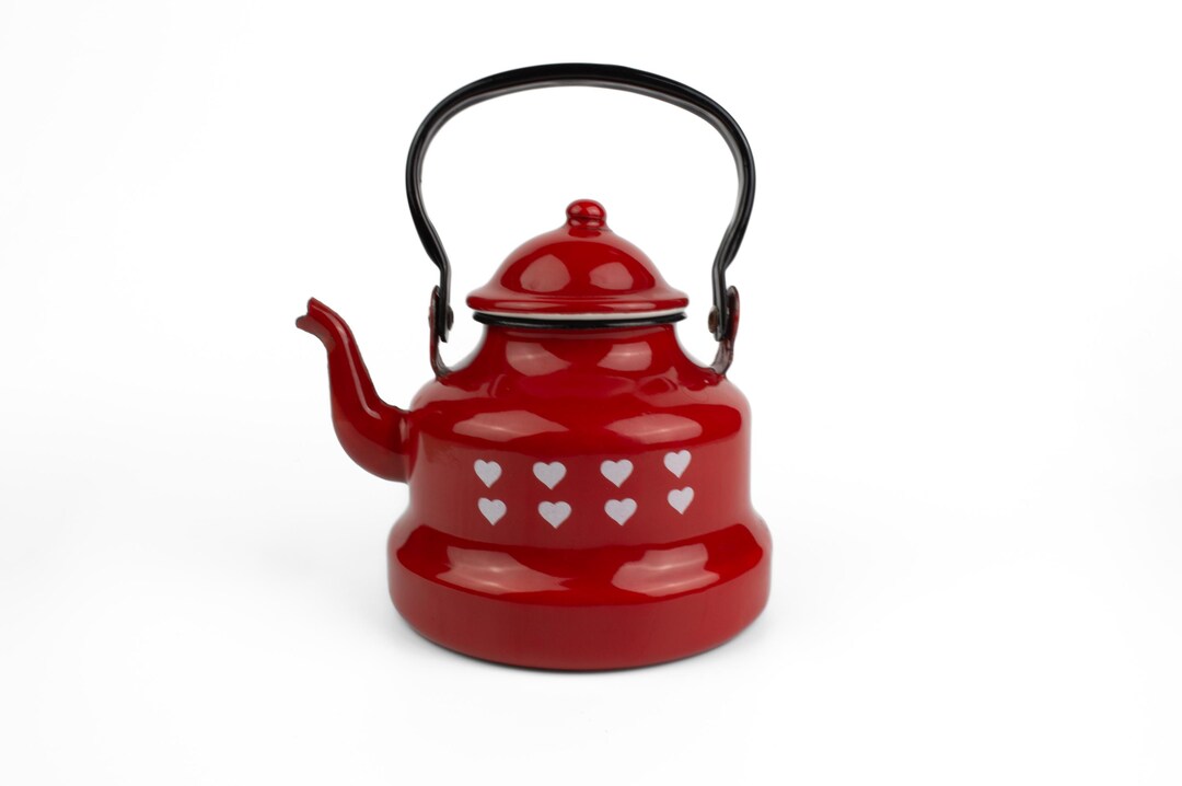 Vintage Red Teapot, Retro Enameled Steel Kettle, Stove-top Teapot, 700 ...