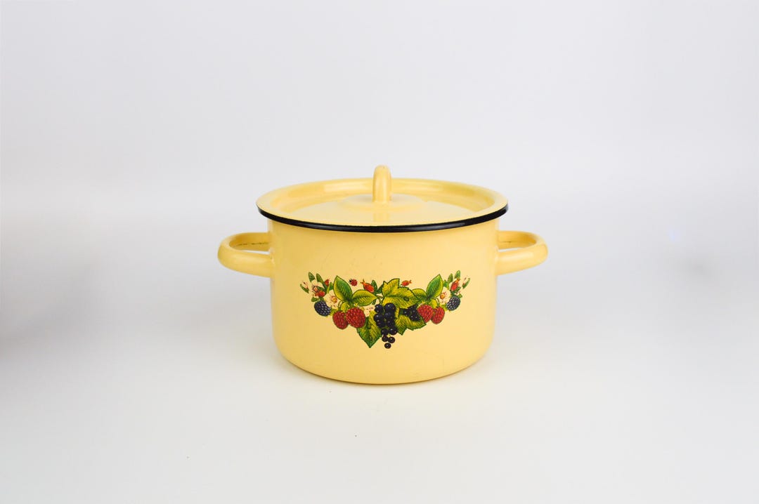 Vintage Yellow Cooking Pot, Enameled Pot With Lid and Handles, Round ...
