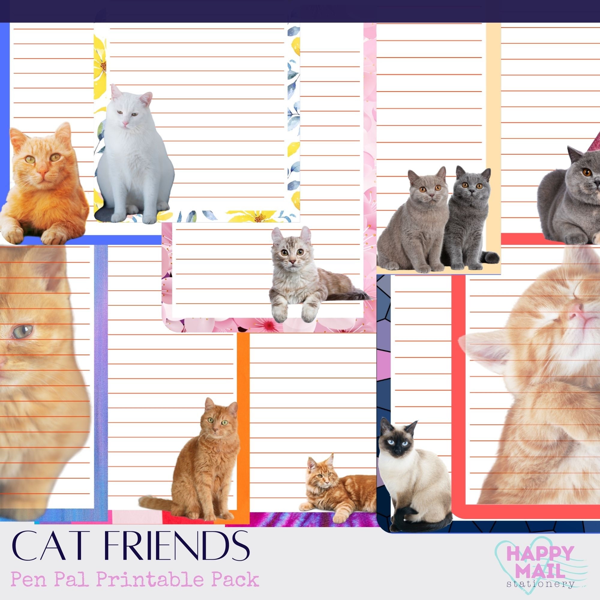 Cat Friends Pen Pal Printable Pack | Digital Cat Lined Paper | Kitten ...