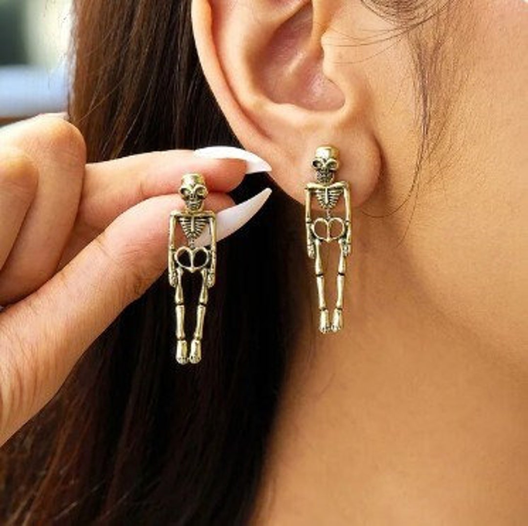 Gothic Skeleton Earrings, Retro Skeleton Earrings, Silver Skeleton Earrings, Gothic Skull ...