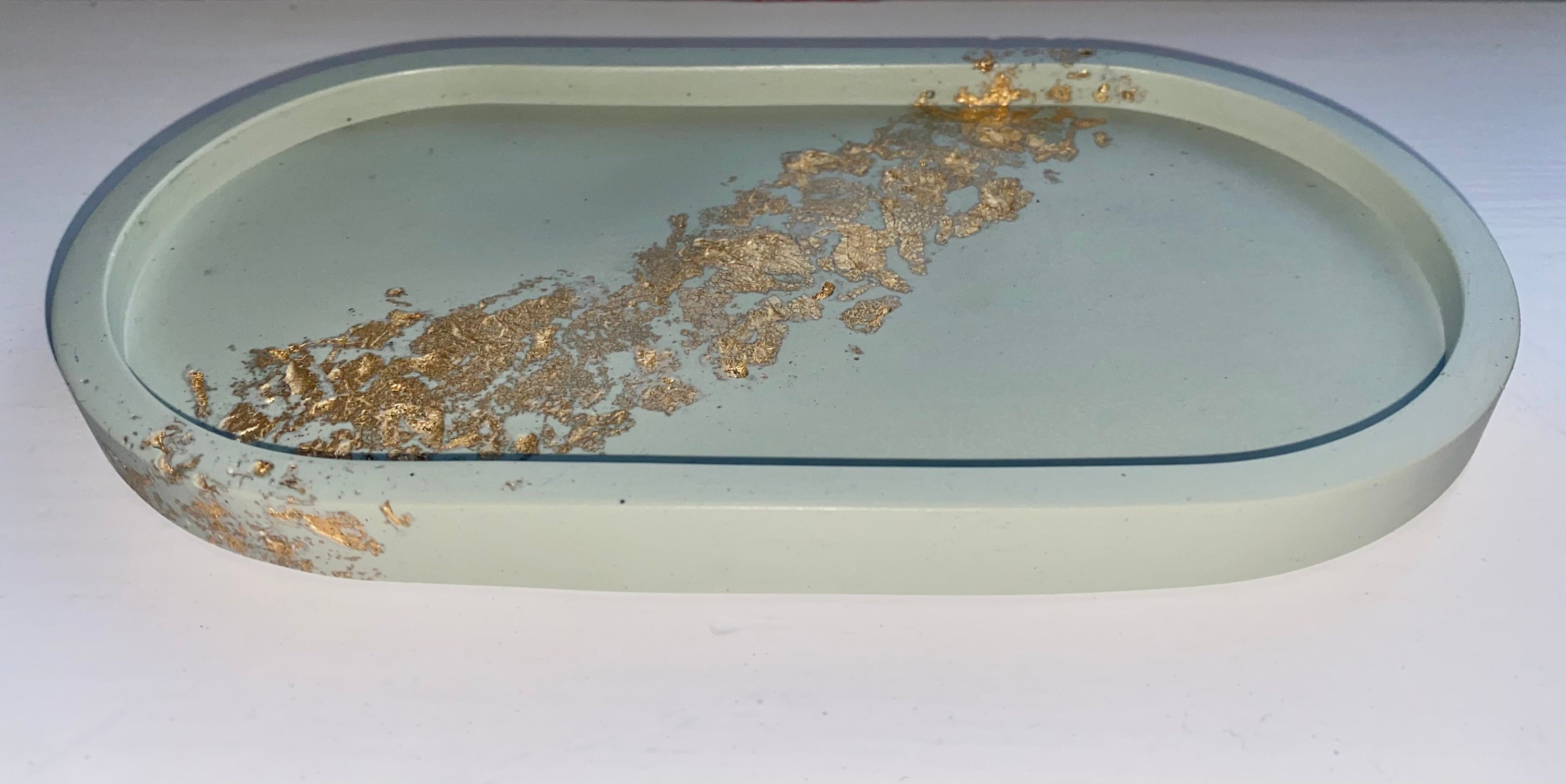 Jesmonite Oval Decorative Tray in Sage Green With Gold Leaf Detail I ...