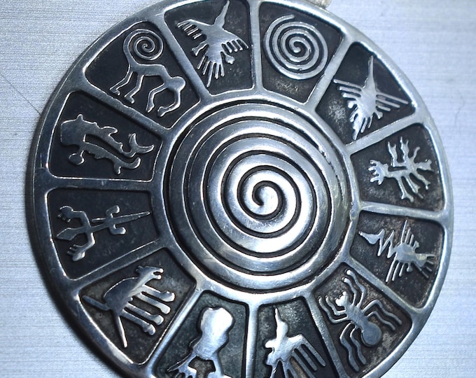Vintage 950 Silver Spiral Pendant, Handmade Nazca Symbols, 1970s Cárlo ...