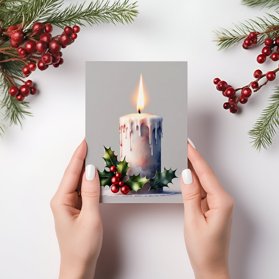 Christmas Candle & Holly Printable Card 5x7 Greeting Card With ...