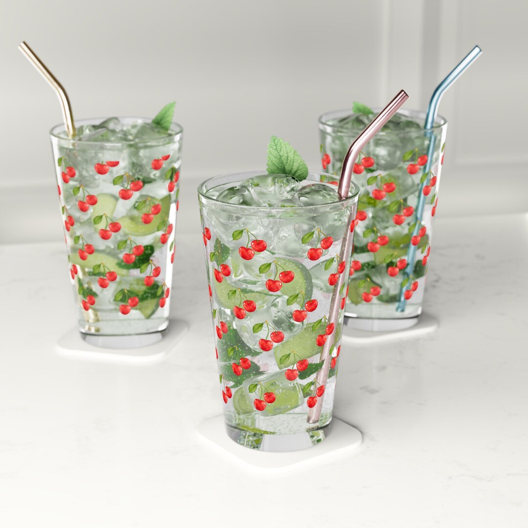 Cherry Pattern Pint Glass, 16oz I Fruit Clipart, Cherry Fruit Cups ...