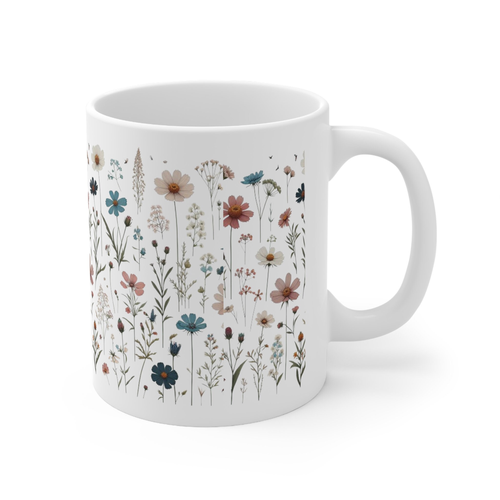Flowers Mug, Floral Ceramic Mug, 11oz Wildflowers Mug, White Background ...