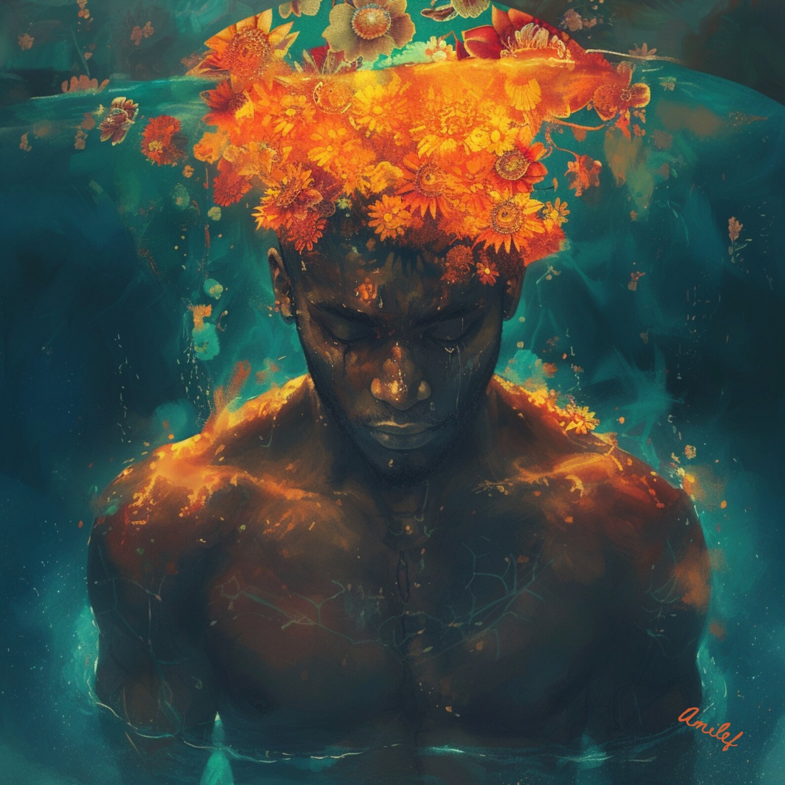 Immersion of Flowers Art, Black Art Prints, Black People Art, Black Boy ...