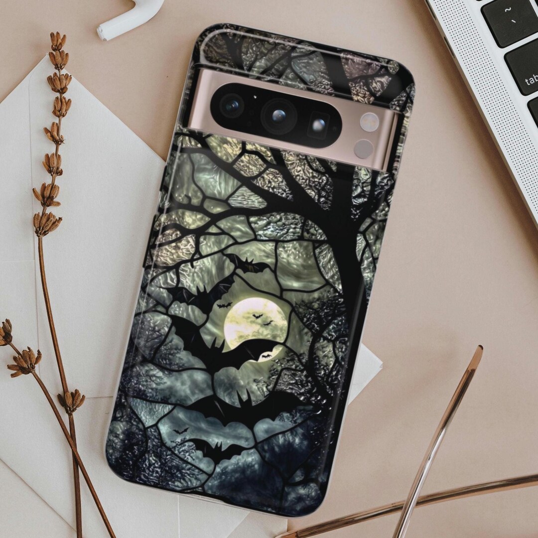 Celestial Halloween Bats Faux Stained Glass Gothic Phone Case Spooky 3D ...