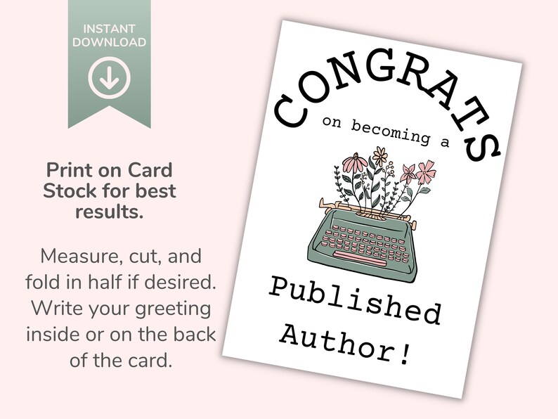 Printable Author Card Greeting Cards for Authors and Writers Printable ...