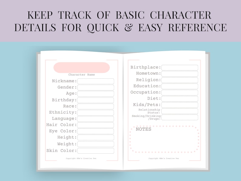 Character Worksheets || Digital or Printable Writing Planner, Character ...