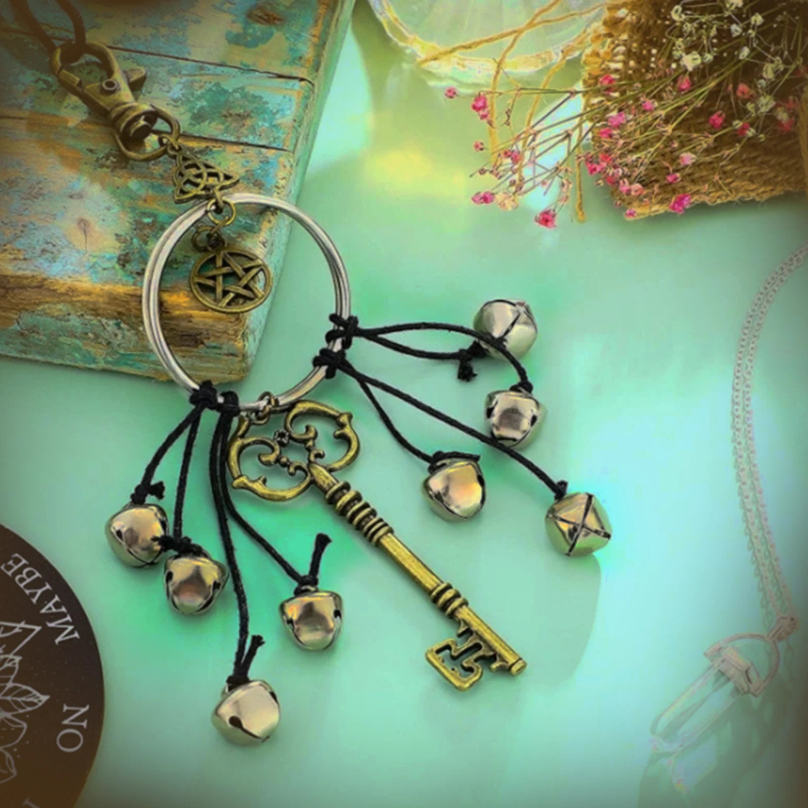 Skeleton Key Windchime With Jingle Bells Celtic Knot and Pentagram - Etsy