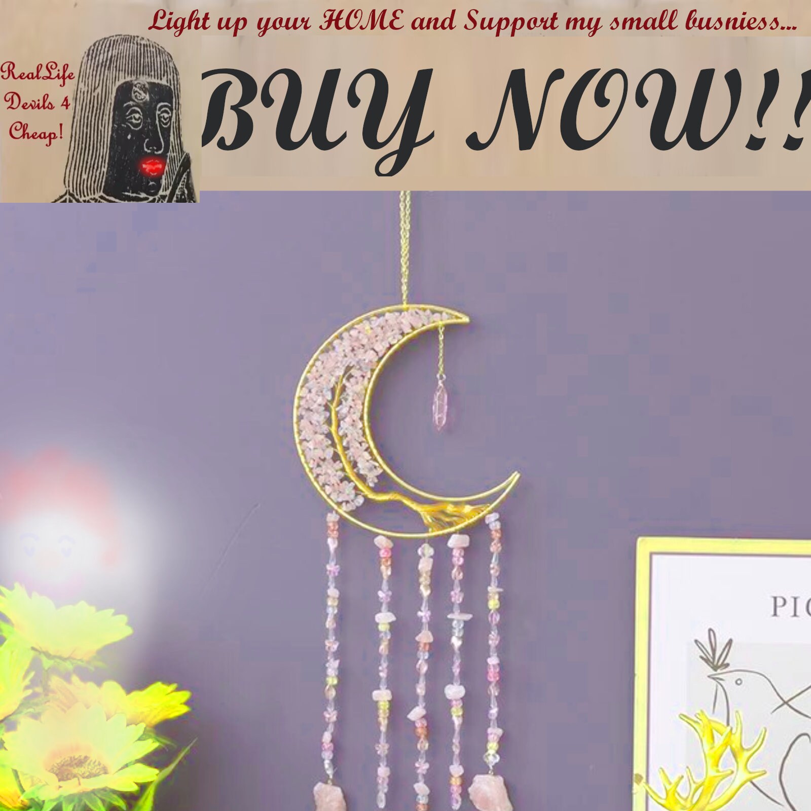 Natural Gem Large Suncatcher, Tree in the Crescent Moon Design. Pink ...
