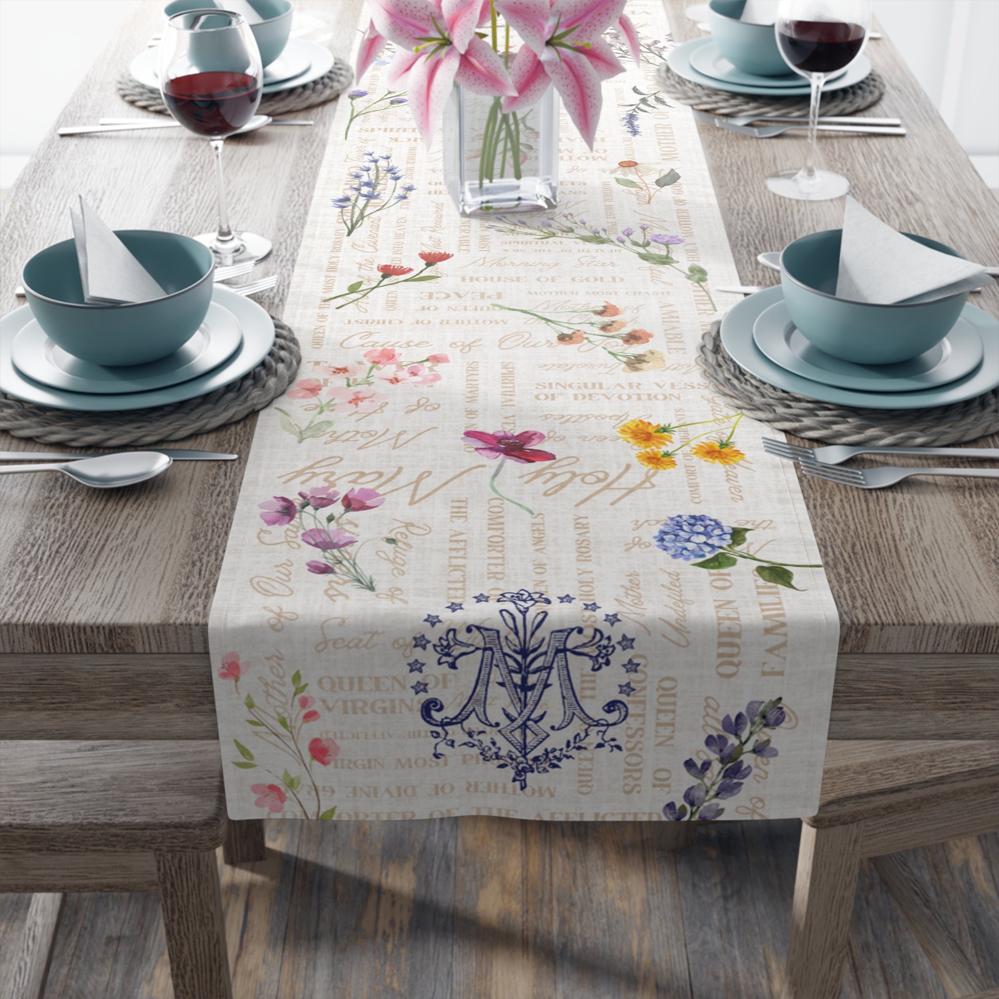 Marian Table Runner With Spring Flowers cotton, Poly Catholic Home ...