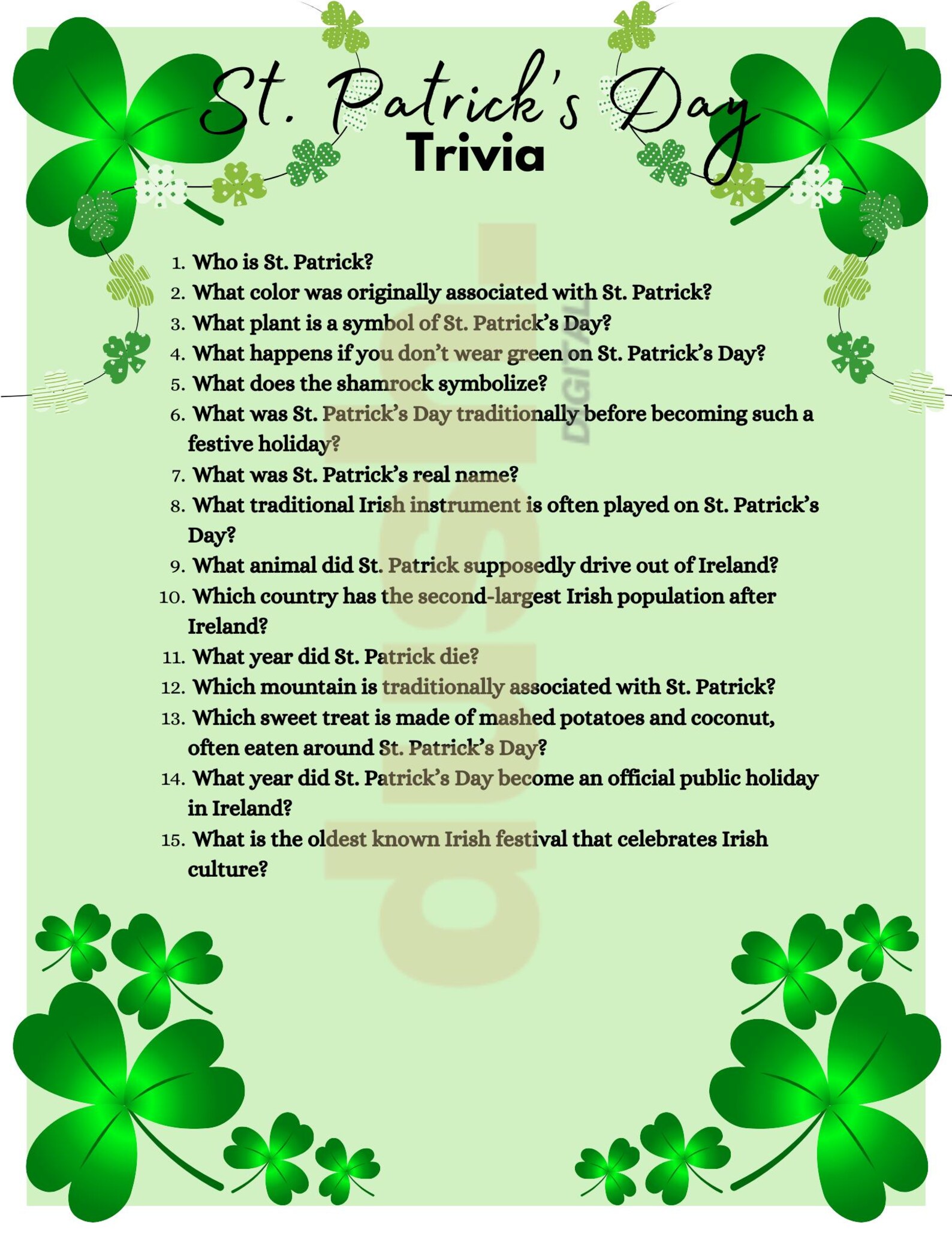 St. Patrick’s Day Trivia Game, Fun Printable Quiz 8.5x11" PDF Instant ...