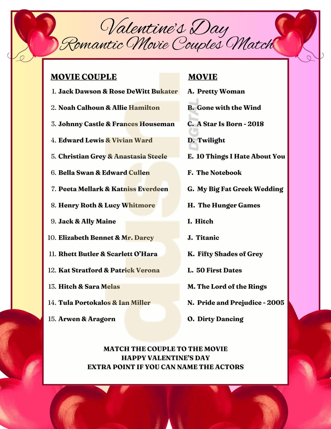 Valentine's Day Romantic Movie Couple Match Game Printable, Adult ...