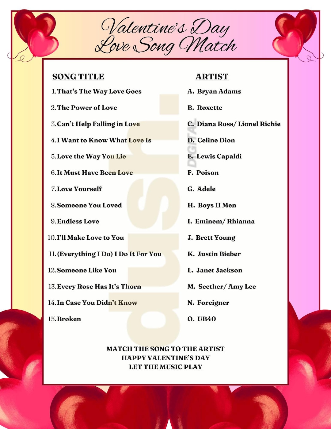 Valentine's Day Love Match Game Printable, Adult Printable Download ...