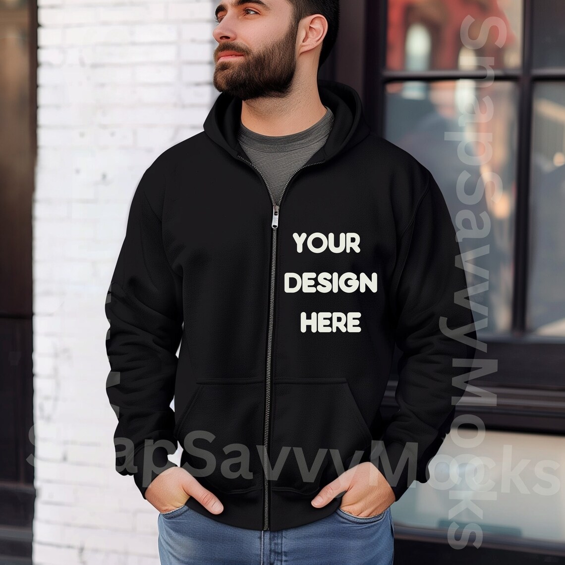 Black Gildan 18600 Mockup | Front Zip up Hoodie Mockup | Male ...